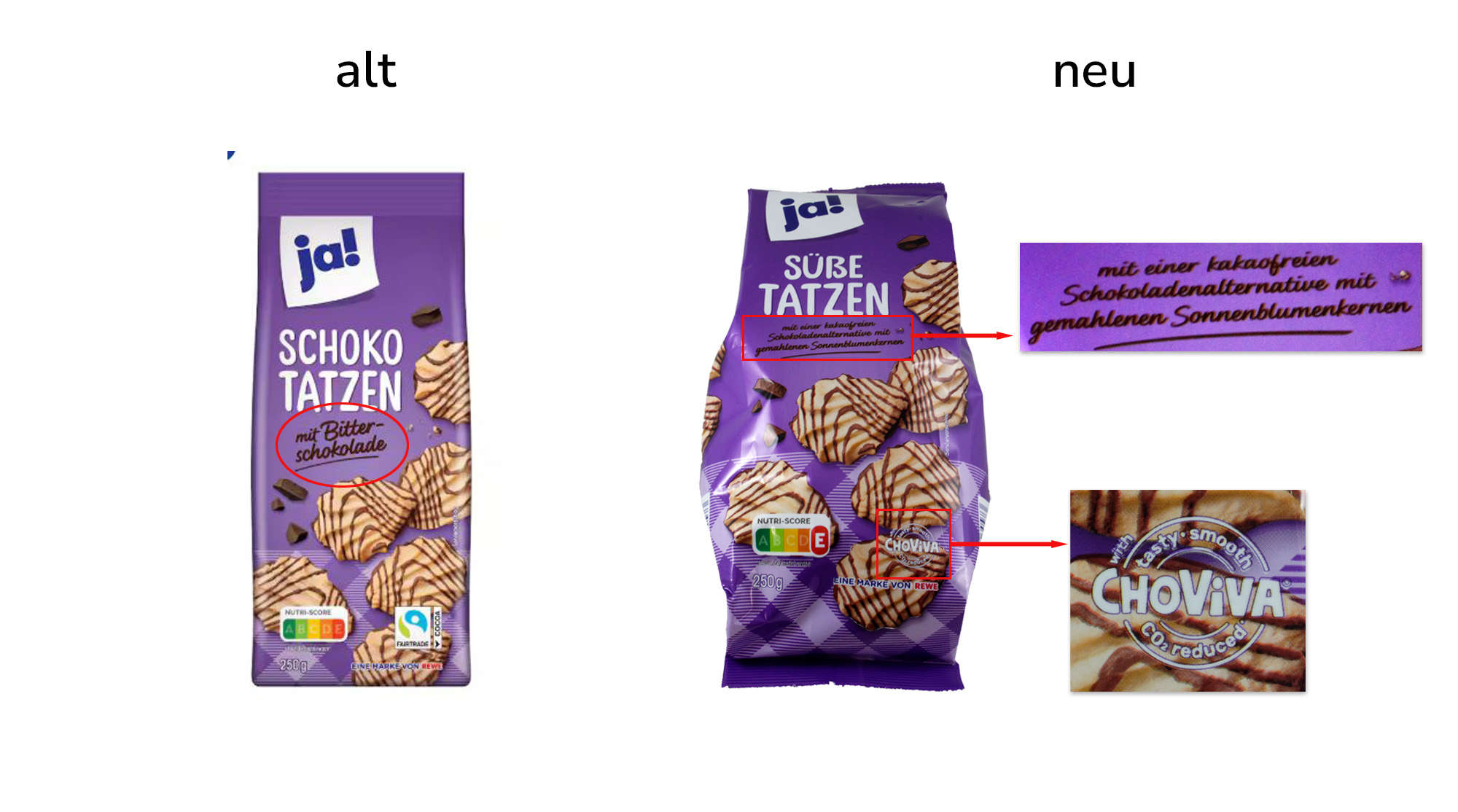 Skimpflation: „Rewe Ja! Schoko-Tatzen“ enthalten keine Schokolade mehr ...